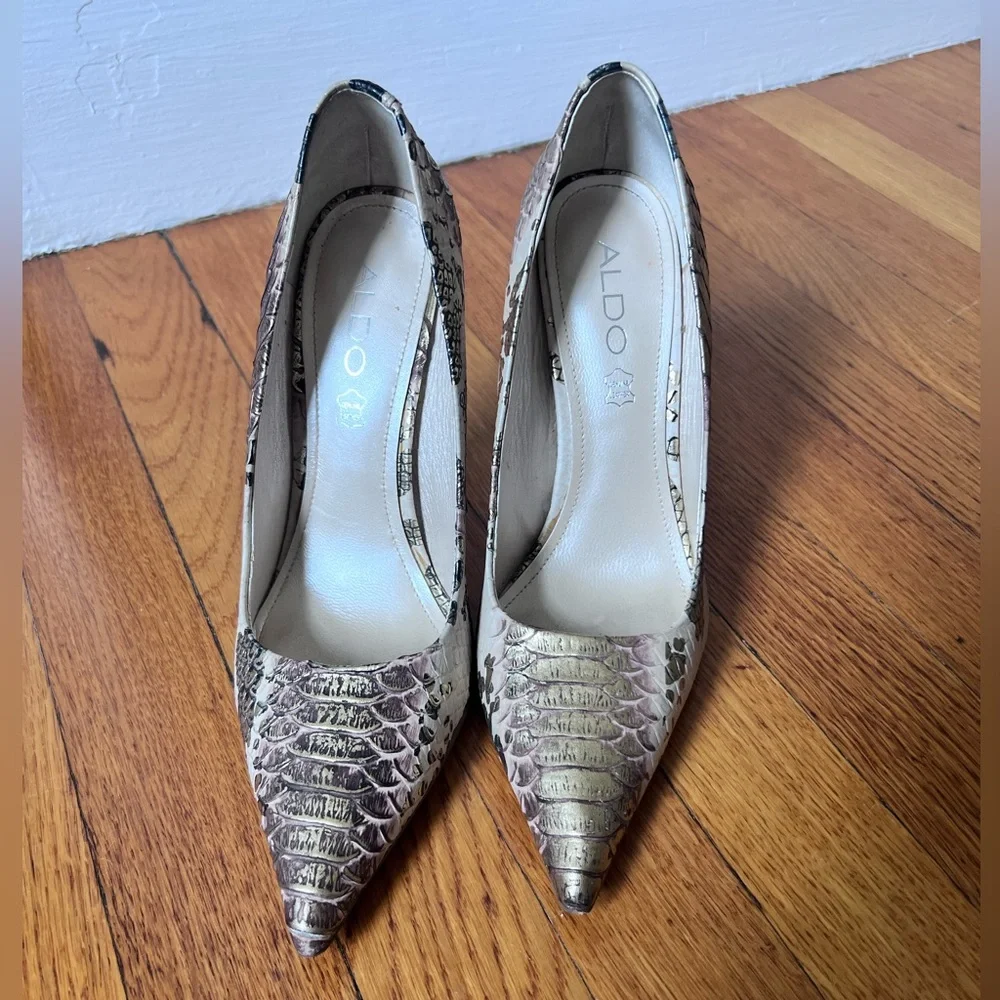 Aldo | Shoes | Aldo Gold Snake Print Stiletto Heels Size 3875 | Poshmark